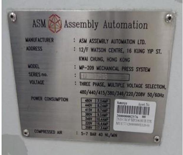 Used ASM Pacific MP-209 Form Tool for Sale at Tara Semiconductor Te...