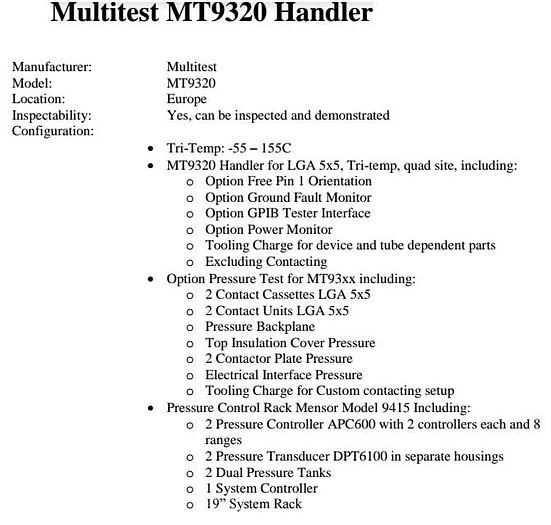Used Multitest MT9320 Handler for Sale at Tara Semiconductor Techno...