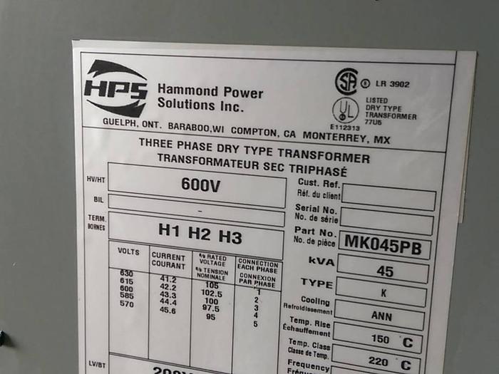 Used Hammond 600-208/120 45kva Transformer for Sale at Steep Hill ...
