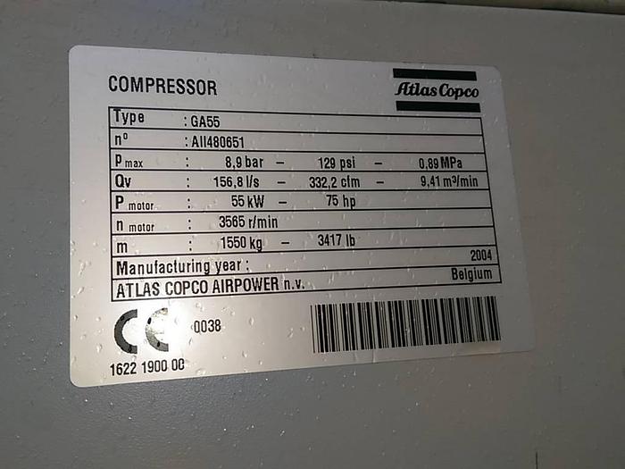 Used Atlas Copco GA55FF Rotary Screw Compressor for Sale at Steep Hill ...
