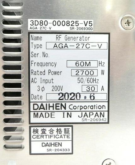 Used Daihen AGA-27C-V RF Generator TEL Tokyo Electron 3D80-000825-V...