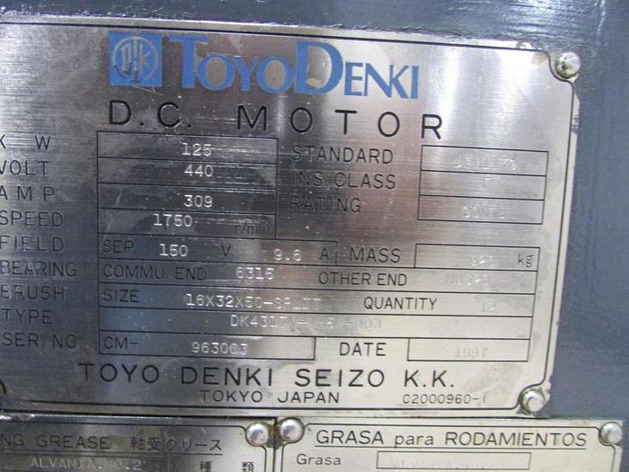 New Sold 125 KW / 167 HP Toyo Denki DC Motor at Machinery Unlimited, LLC