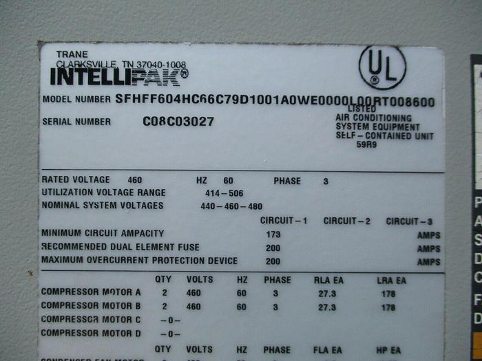 Used 2008 Trane Intellipak Rooftop Unit 60-ton SFHFF604HC6 for Sale...