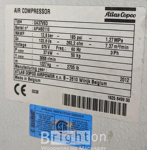 Used 2012 Atlas Copco GA37VSD used screw compressor 50hp #BBM2540 for ...