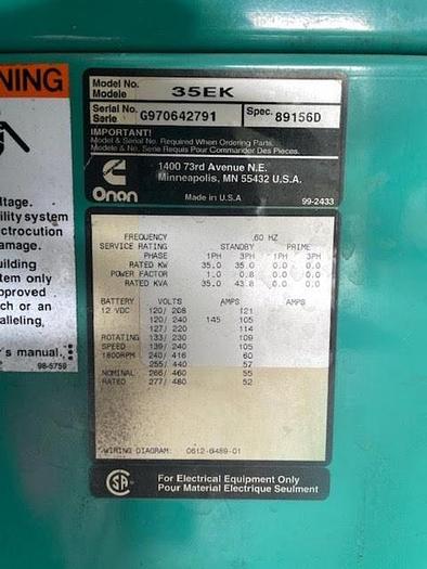 Used Cummins Onan 35EK Generator Set for Sale in Florida