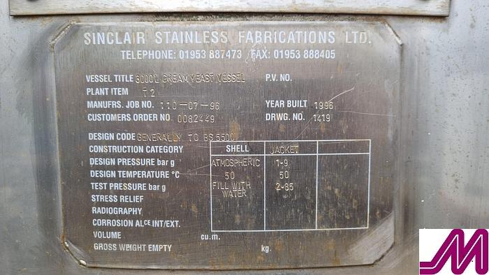 Used Sinclair Stainless 3,000 Litre Stainless Steel Jacketed Tank for ...