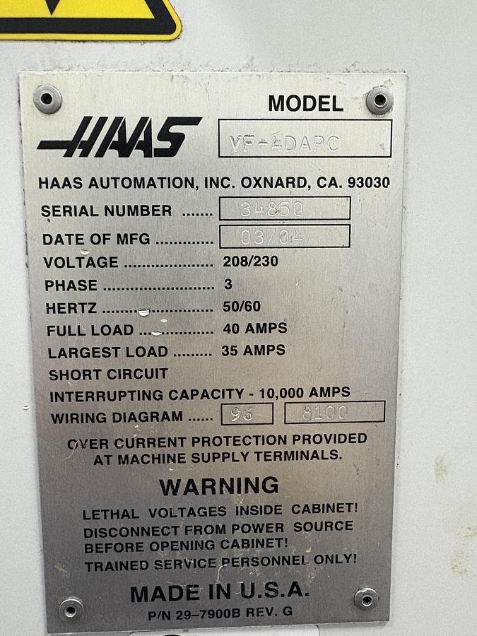 Used Haas VF4 CNC Vertical Machining Center for Sale in Wisconsin