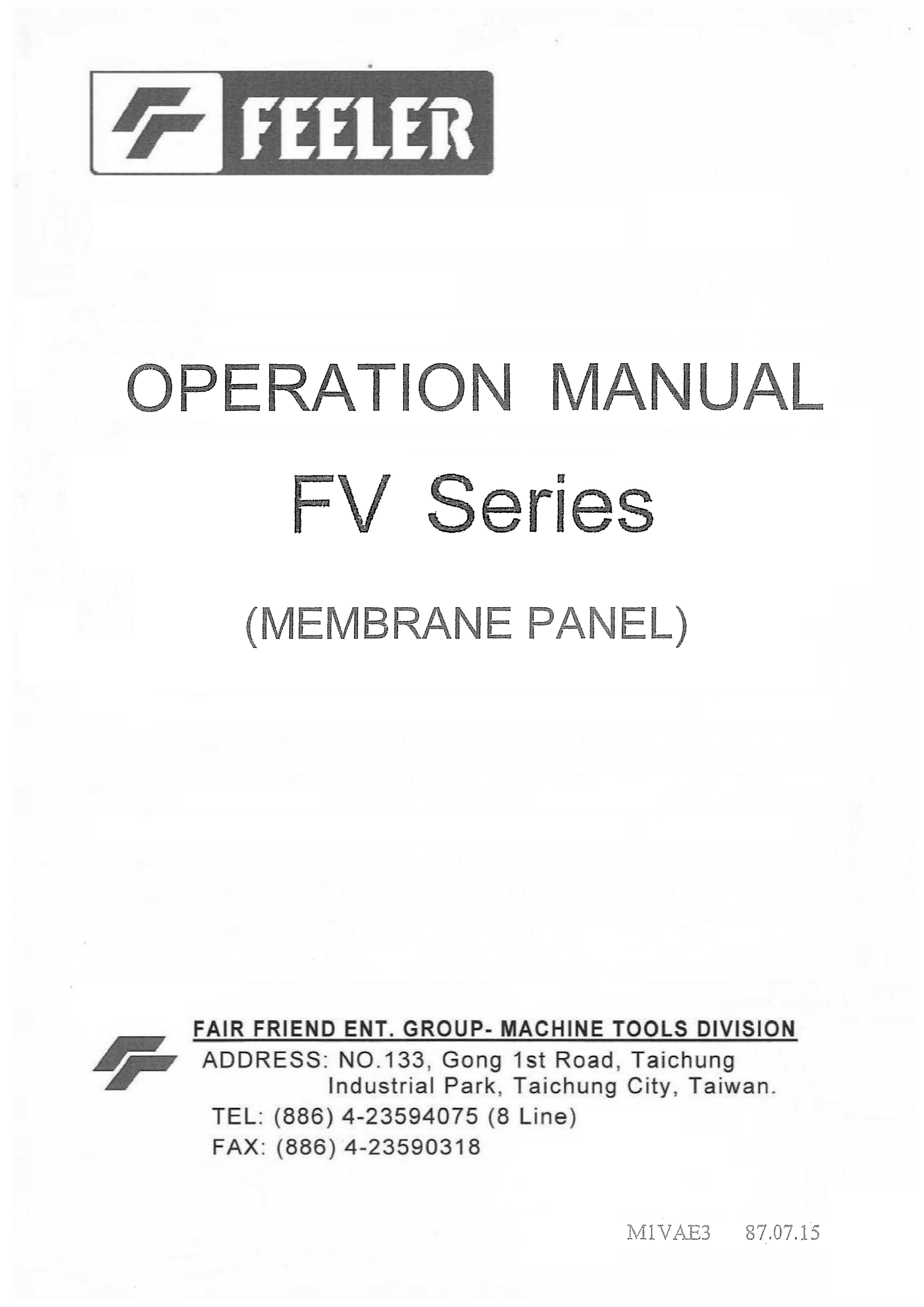 Used Manual for Used Feeler Machine CNC Mill FV Series (Membrane Pa...