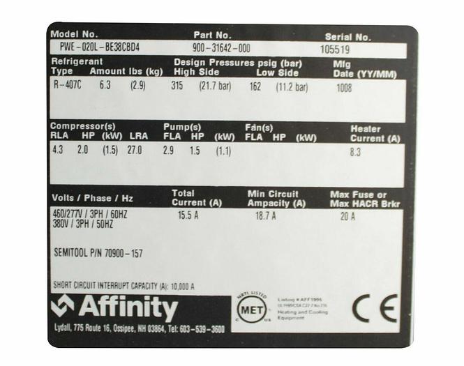 Used Affinity CHILLER PWE-020L-BE38CBD4 SEMITOOL 70900-157 R-407C 1...