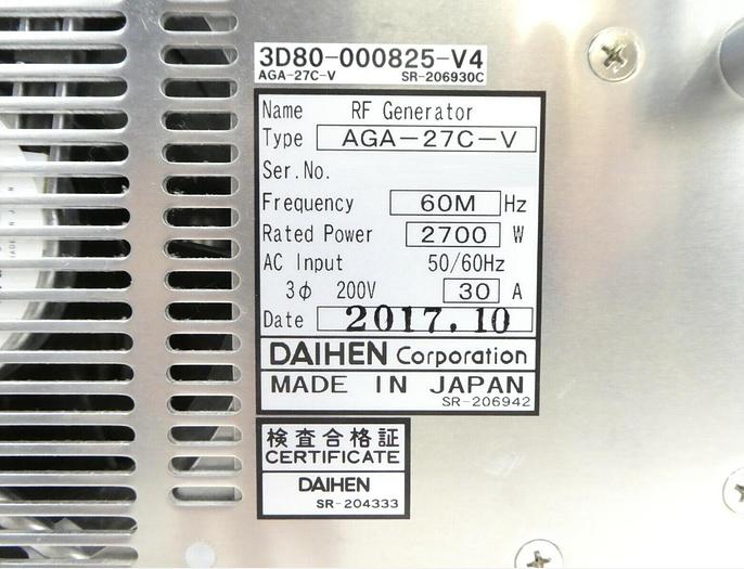 Used Daihen AGA-27C-V RF Generator TEL Tokyo Electron 3D80-000825-V...