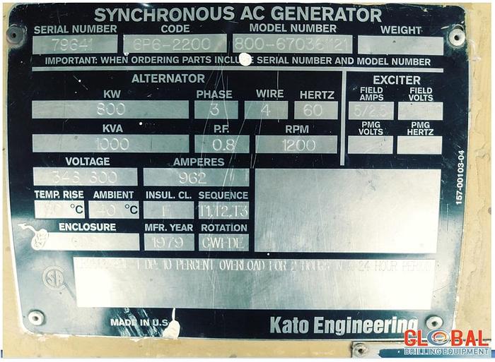 Used Item 0798 : Kato Engineering 800KW Generator for Sale in Oklahoma
