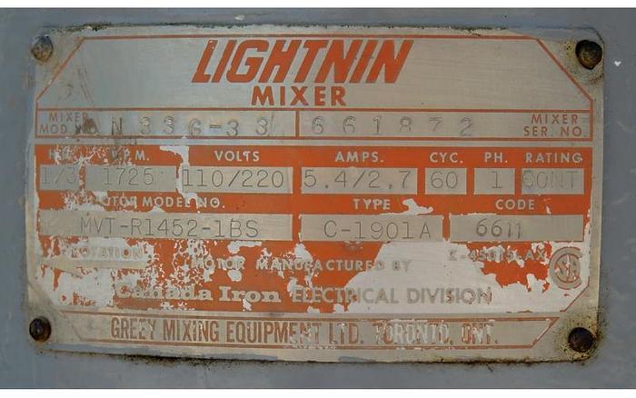 Used Sold USED LIGHTNIN TOP ENTRY MIXER, MODEL: N 33G33, 0.33 HP at ...
