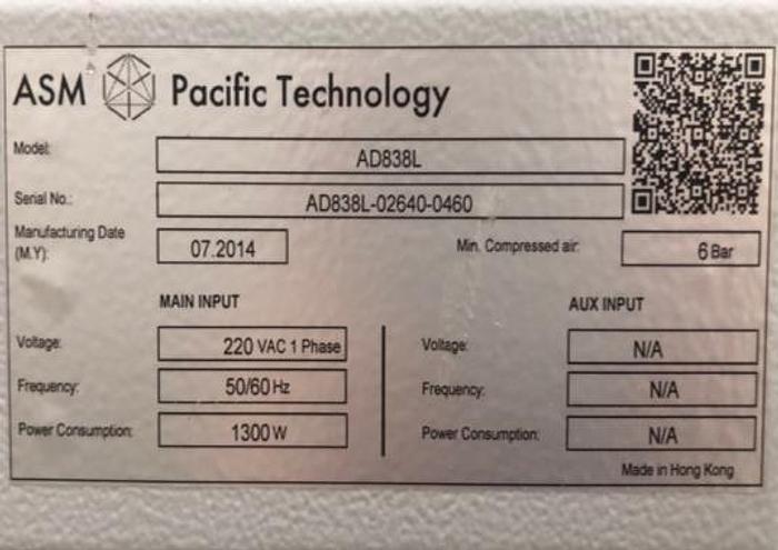Used 2014 ASM AD838L Die Bonder for Sale at Tara Semiconductor Tech...