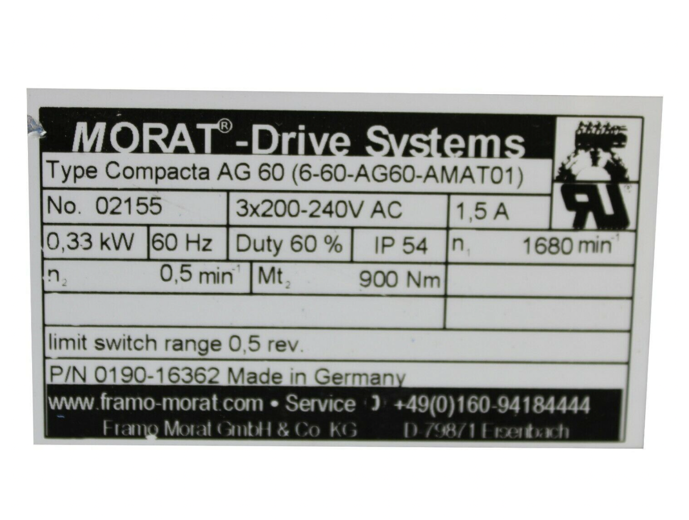 Used Morat DRIVE SYSTEM COMPACTA AG 60 206-240V 60 HZ 6-60-AG60-AMA...
