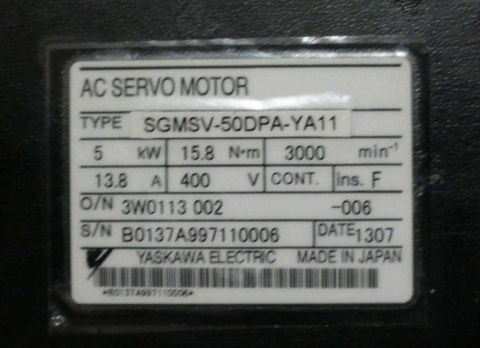 Used YASKAWA HARMONIC DRIVE AC SERVO MOTOR SGMSV-50DPA-YA11 5KW CNC...
