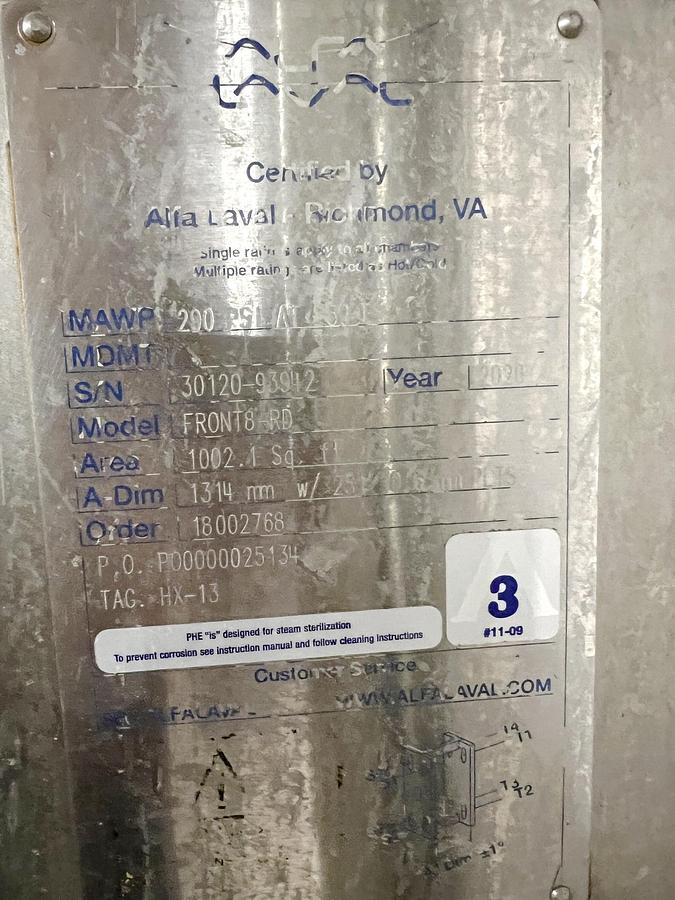 Used Used Alfa Laval Plate Heat Exchanger, Model Front8-FRD, 1002.1 Sq.ft for Sale in Winnipeg, C...
