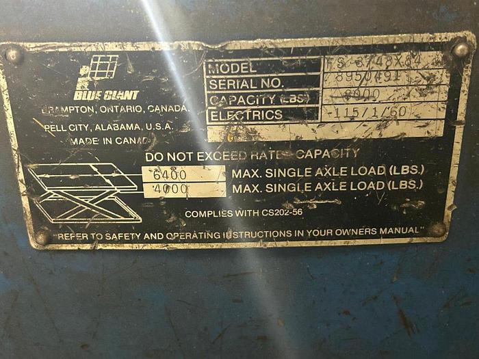 Used 8000 LB BLUE GIANT "FS3/48x84" HYDRAULIC SCISSOR LIFT TABLE w/48 ...
