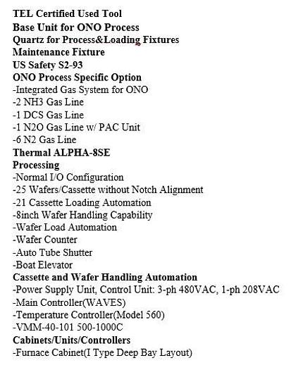 Used TEL Alpha 8 SE Vertical Furnace for Sale at Tara Semiconductor...
